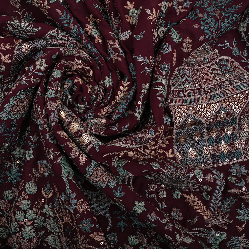 Maroon Georgette Fabric With Embroidery