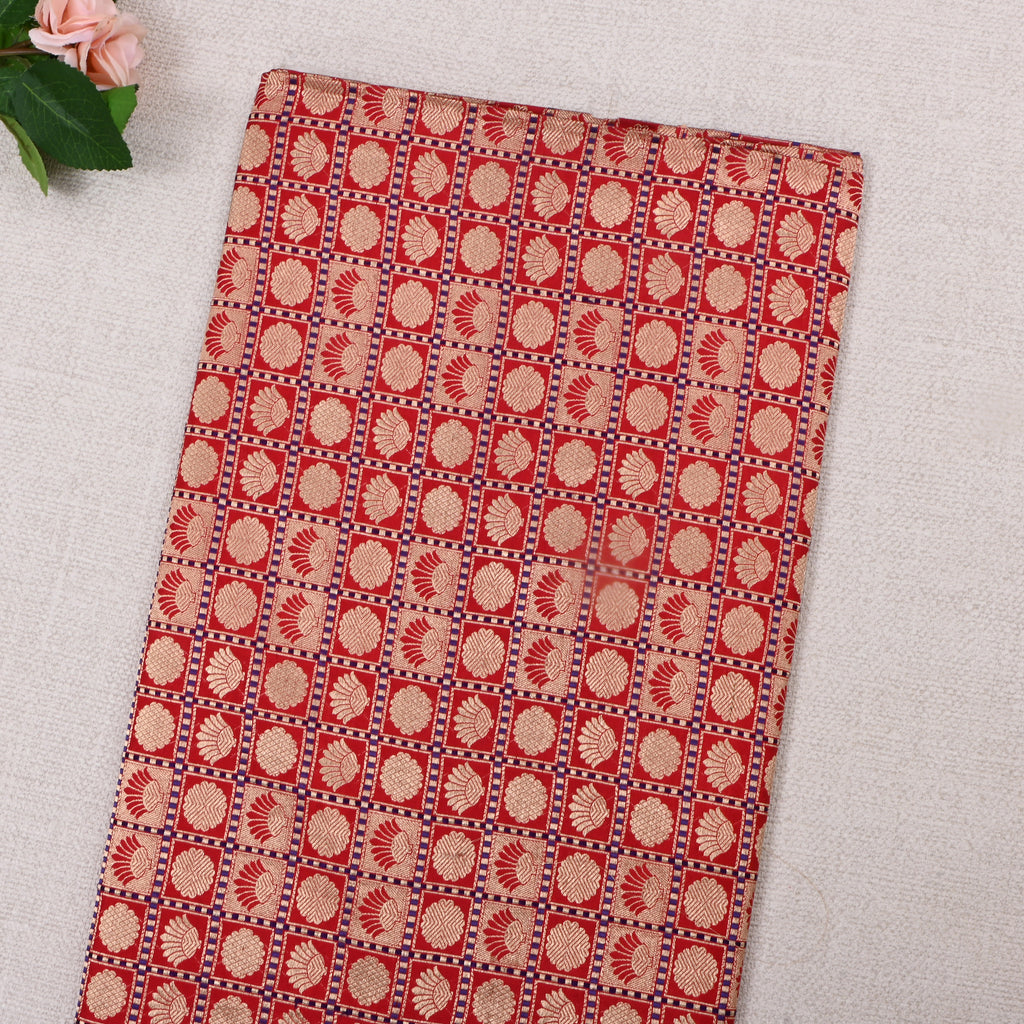 Red Jamawar Silk Fabric With Checks Pattern| FabricbySinghanai's