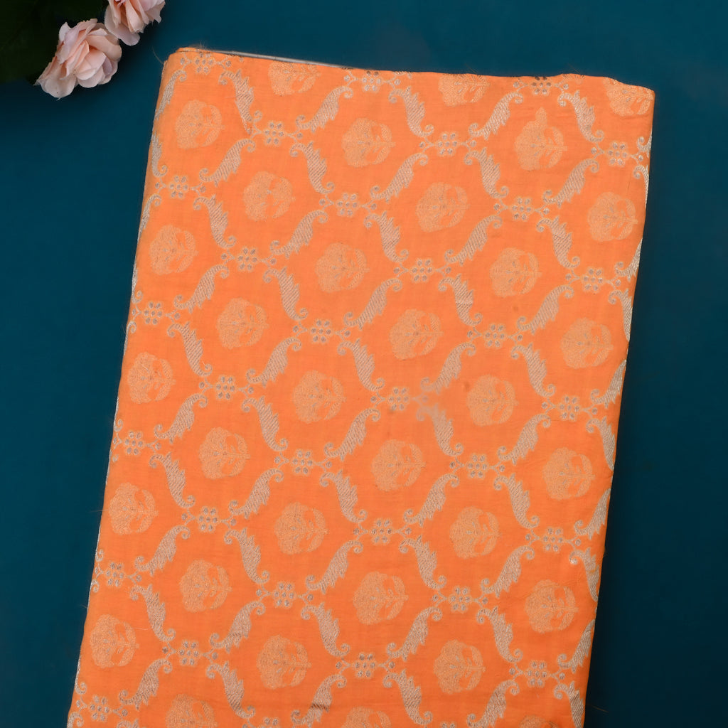 Orange Jamawar Silk Fabric With Floral Patterns| FabricbySinghanai's