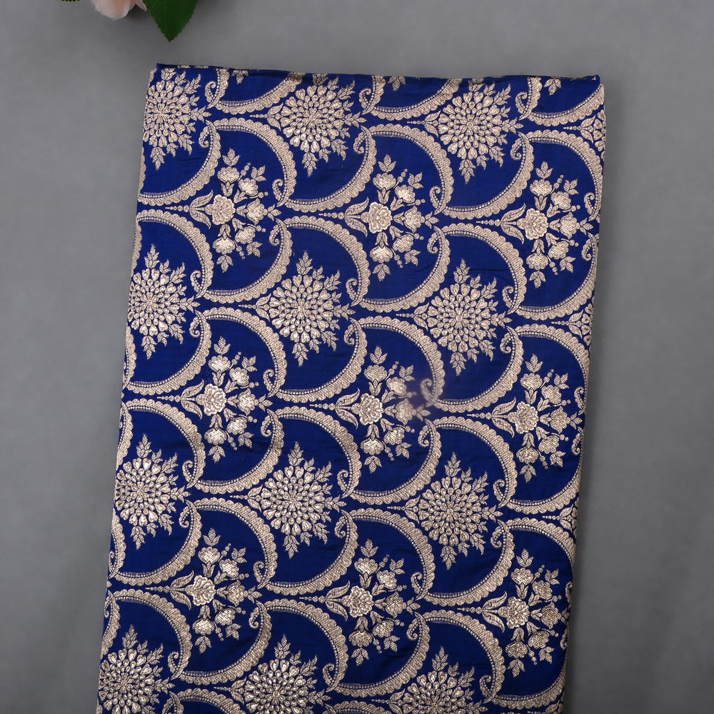 Gulf Blue Jamawar Silk Fabric With Scallop Design| FabricbySinghanai's