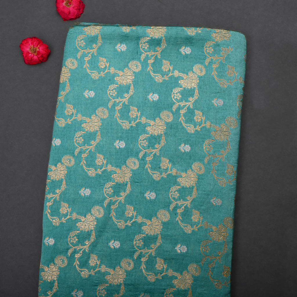 Greenish Blue Jamawar Silk Fabric With Floral Jaal| FabricbySinghanai's