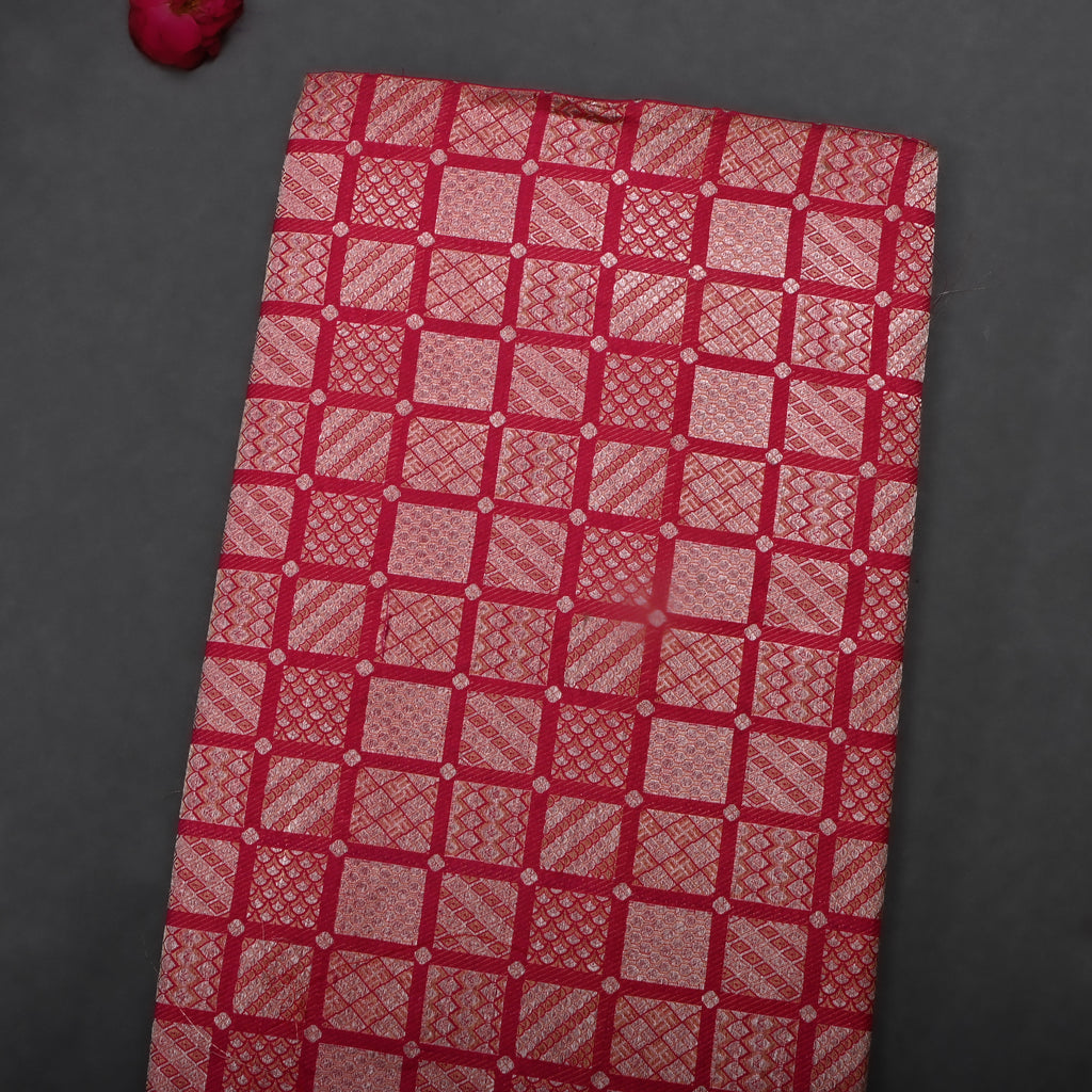Dark Hot Pink Jamawar Silk Fabric With Geometric Patterns