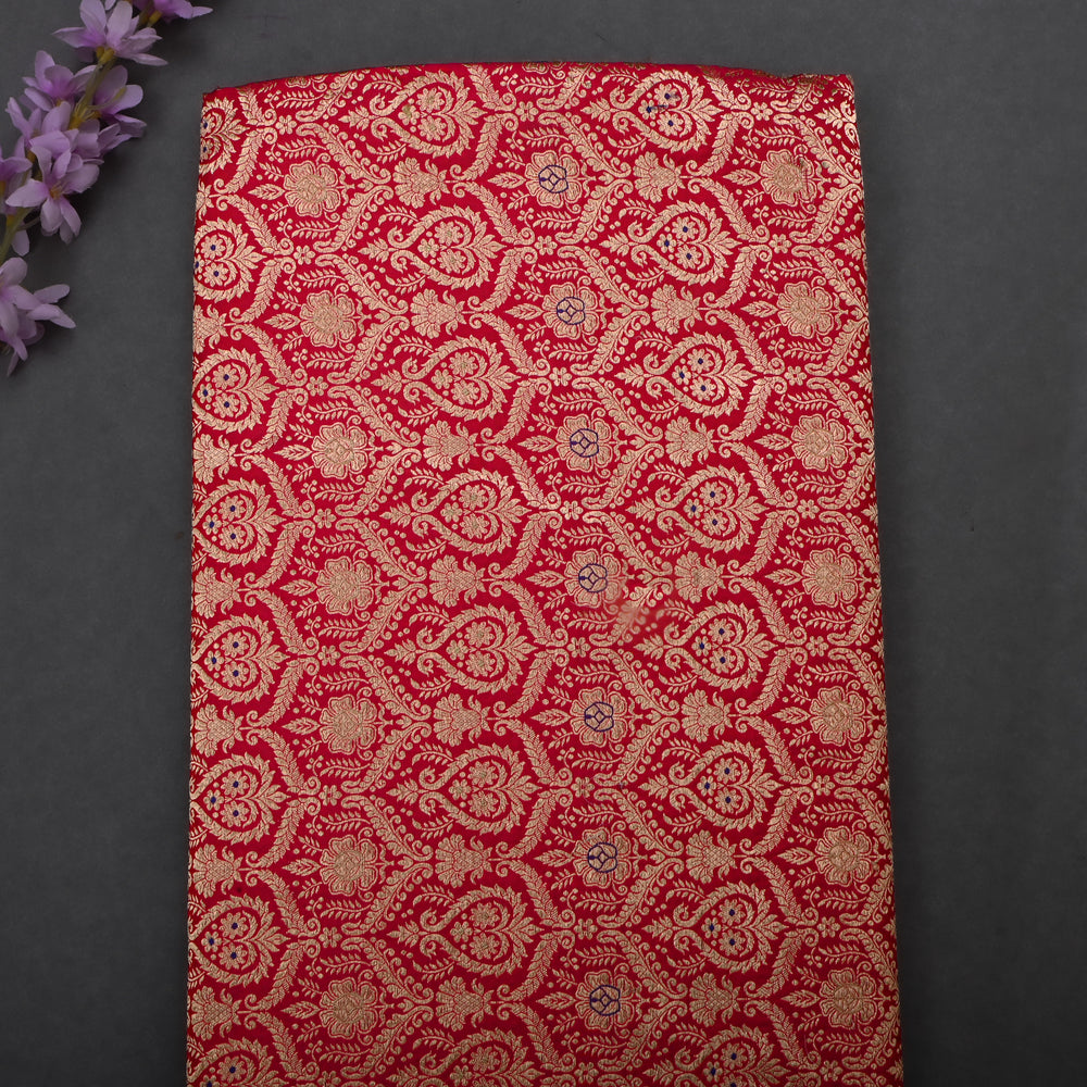 Shiraz Pinkish Red Jamawar Silk Fabric With Woven Design ...