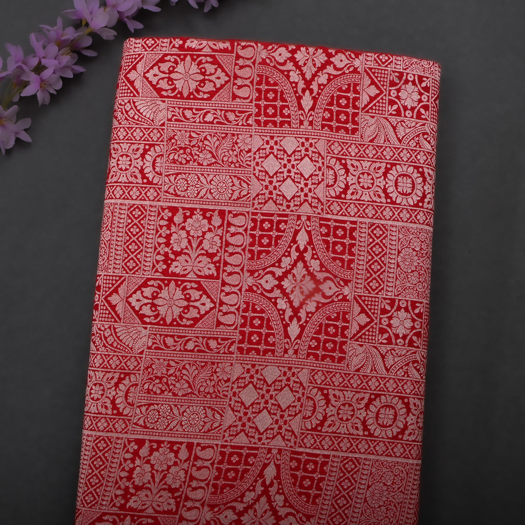 Cornell Red Jamawar Silk Fabric With Woven Pattern| FabricbySinghanai's