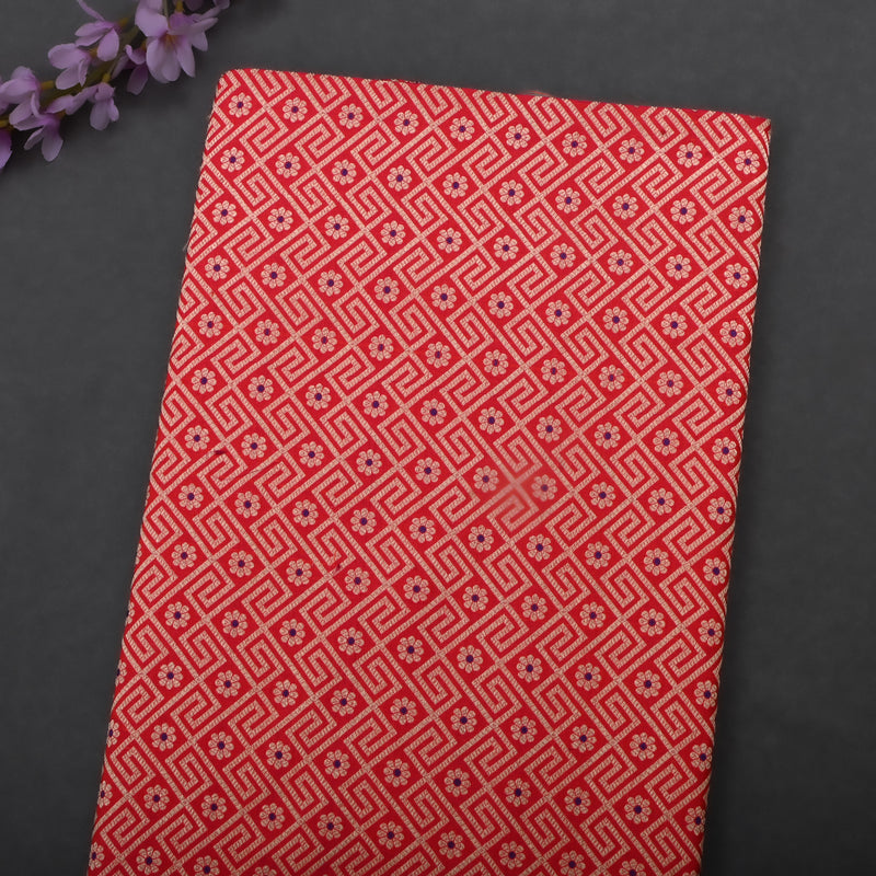 Red Jamawar Silk Fabric With Woven Patterns| FabricbySinghanai's