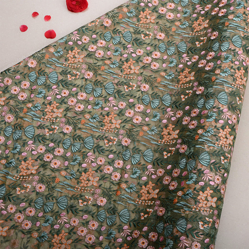 Donkey Brown Tissue Floral Embroidered Fabric| FabricbySinghanai's