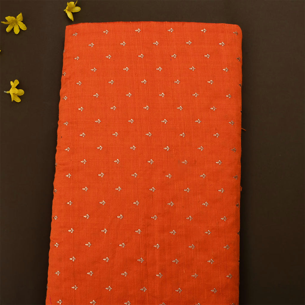 Sinopia Orange Dupion Raw Silk Zari Embroidered Fabric| FabricbySinghanai's