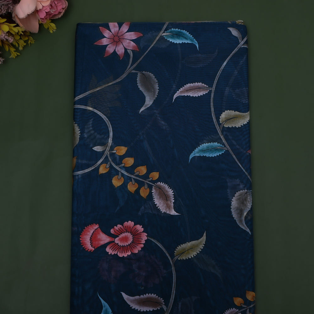 Dark Teal Blue Floral Printed Silk Fabric| FabricbySinghanai's