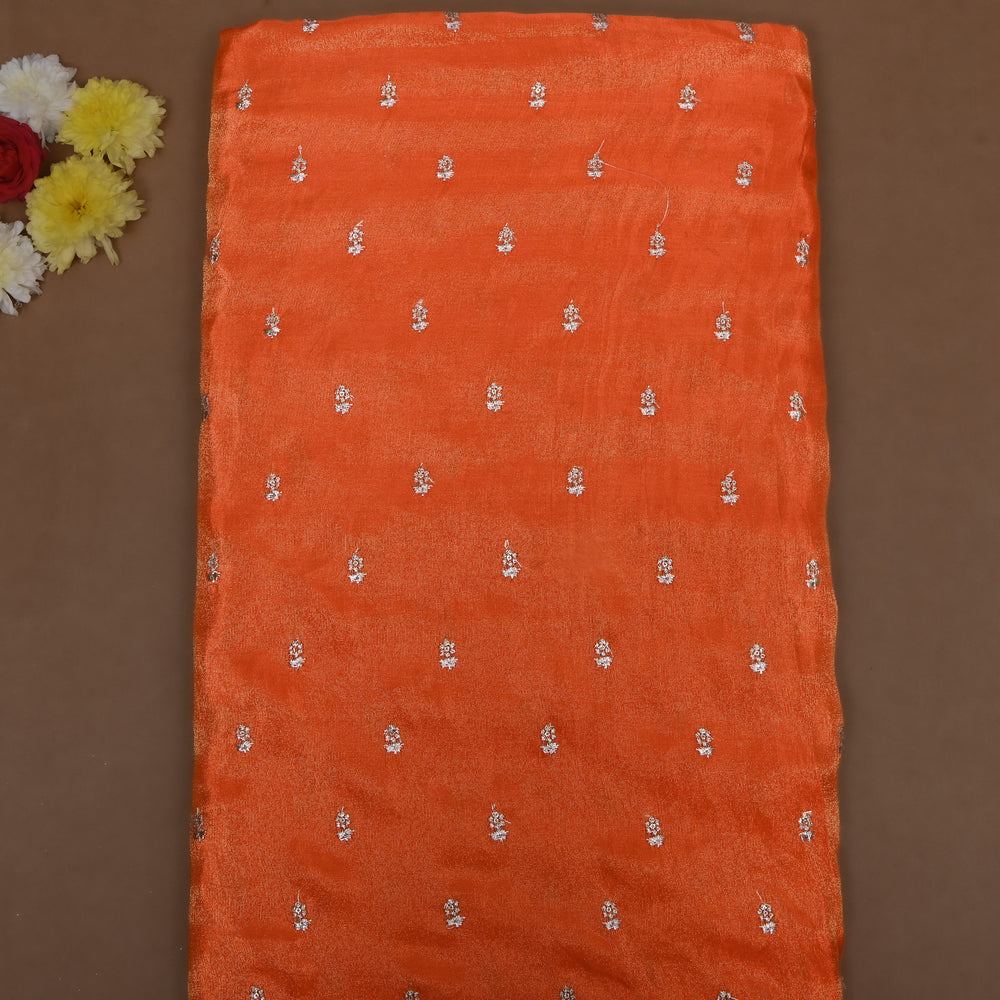 Bright Orange Floral Embroidered Tissue Fabric| FabricbySinghanai's