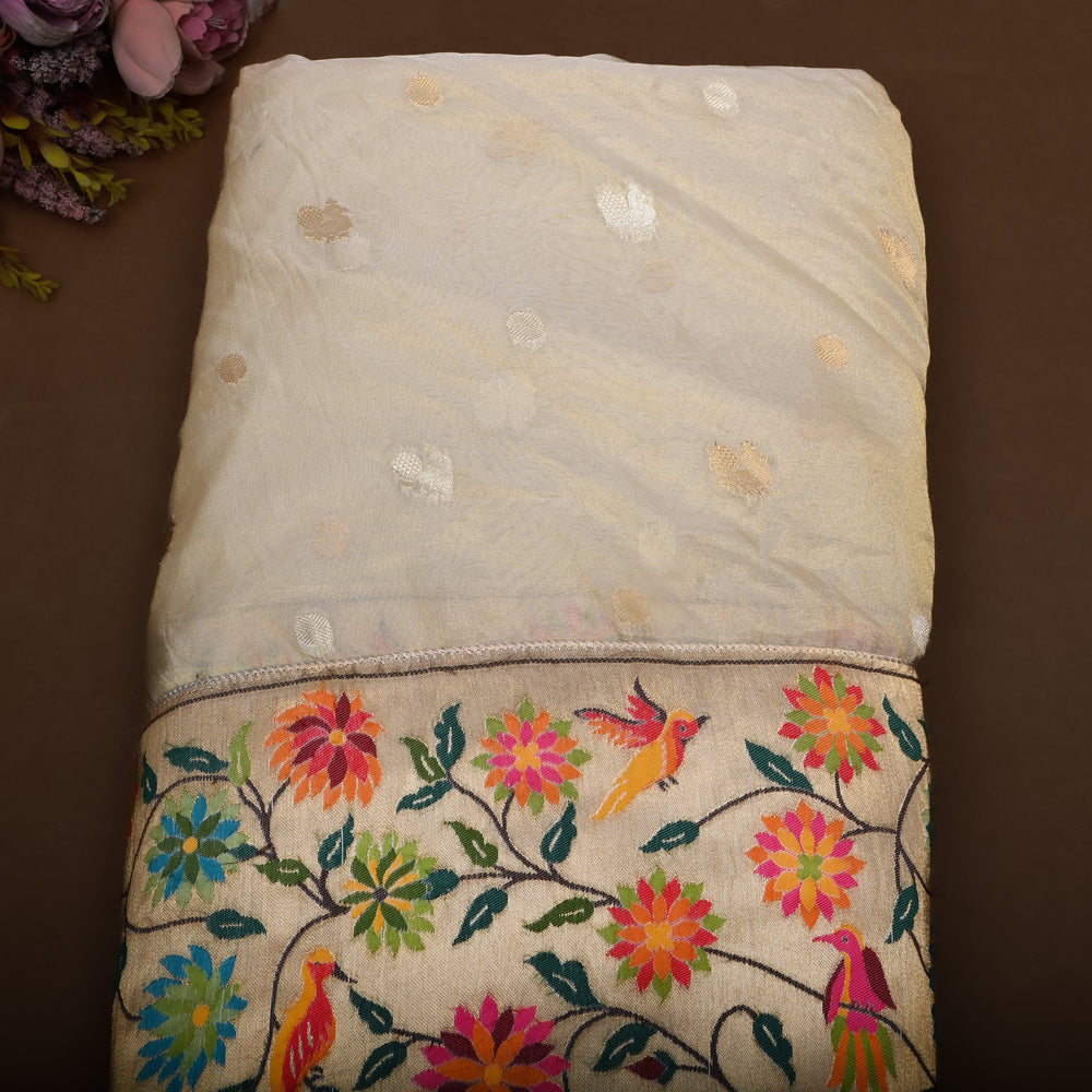 Off-White Golden Jamawar Tissue Fabric| FabricbySinghanai's
