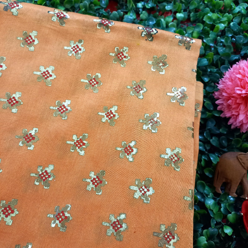 Persian Orange Color Foil Printed Chanderi Fabric – fabricbysinghanias