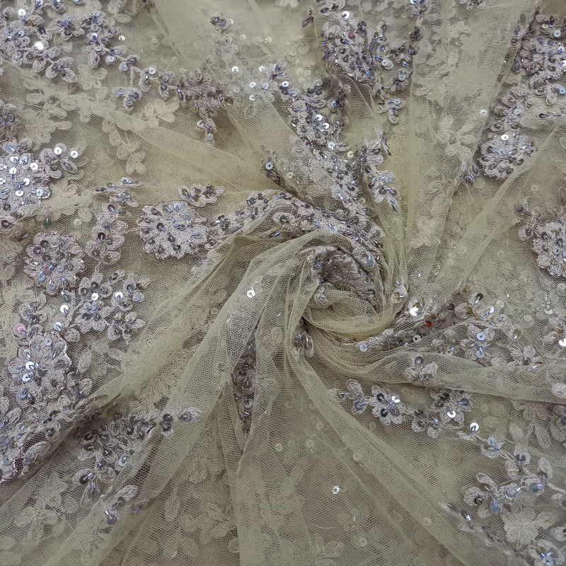 Cream Net Fabric With Floral And Sequence Embroidery – fabricbysinghanias