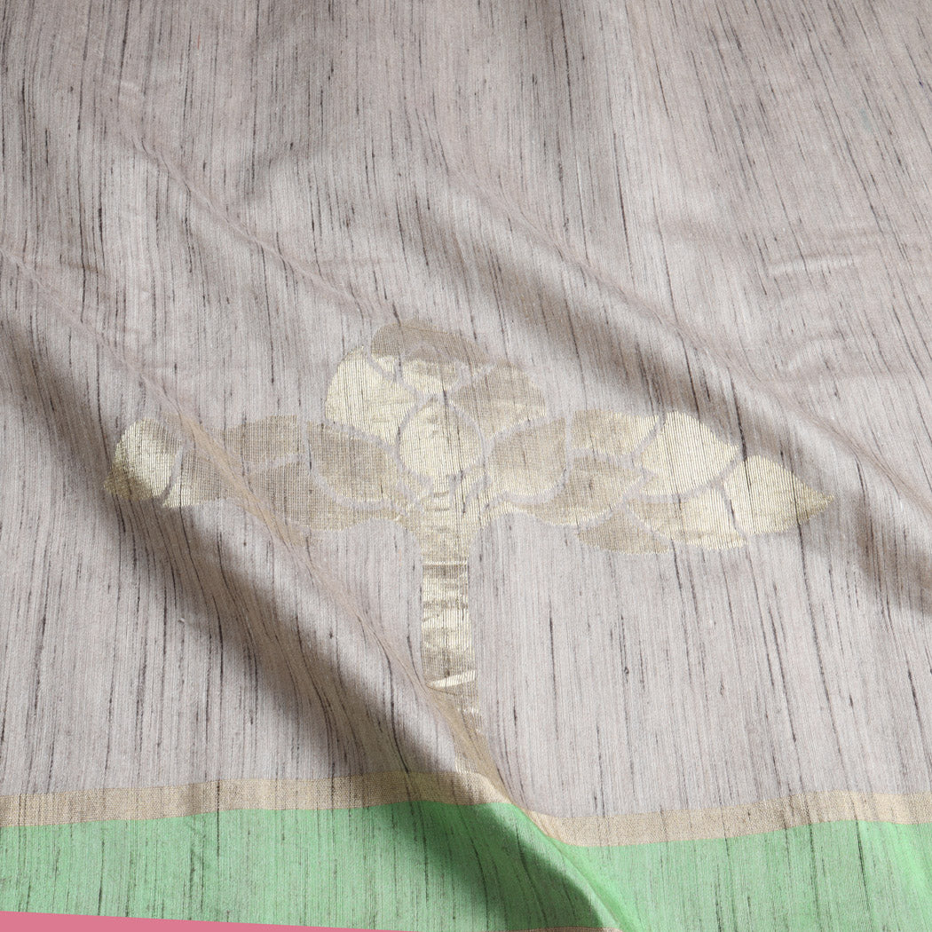 Pastel Grey Tussar Fabric With Tree Motifs – fabricbysinghanias