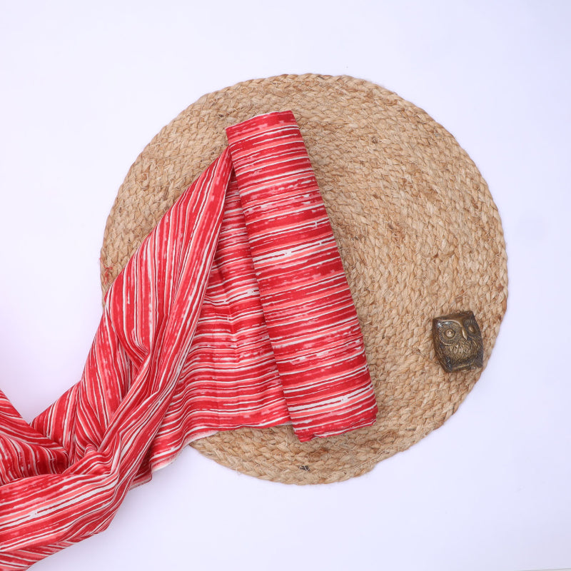 Crimson Red Printed Cotton Fabric With Stripes Pattern