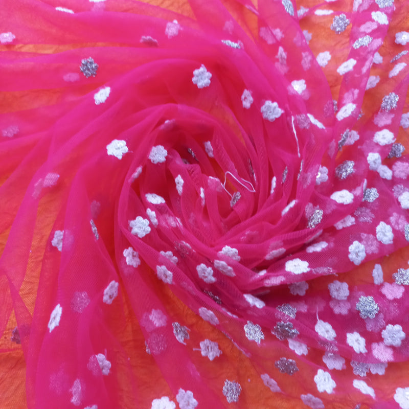 Ruby Pink Net Fabric With Floral Embroidery